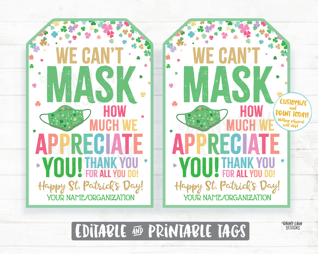 Can't Mask How Much We Appreciate You Face Mask Gift Tag St. Patrick's ...