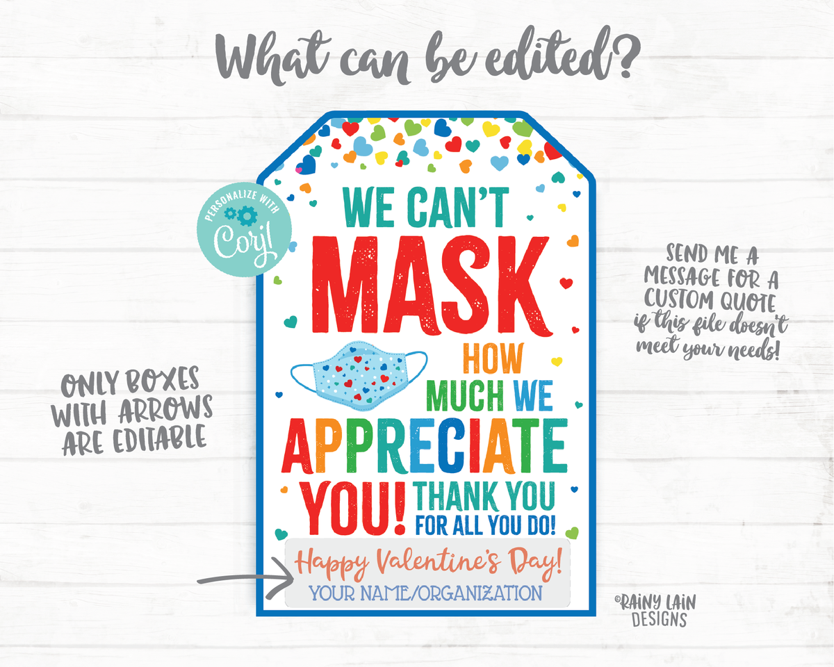 Can't Mask How Much We Appreciate You Face Mask Gift Tag Valentine's D ...