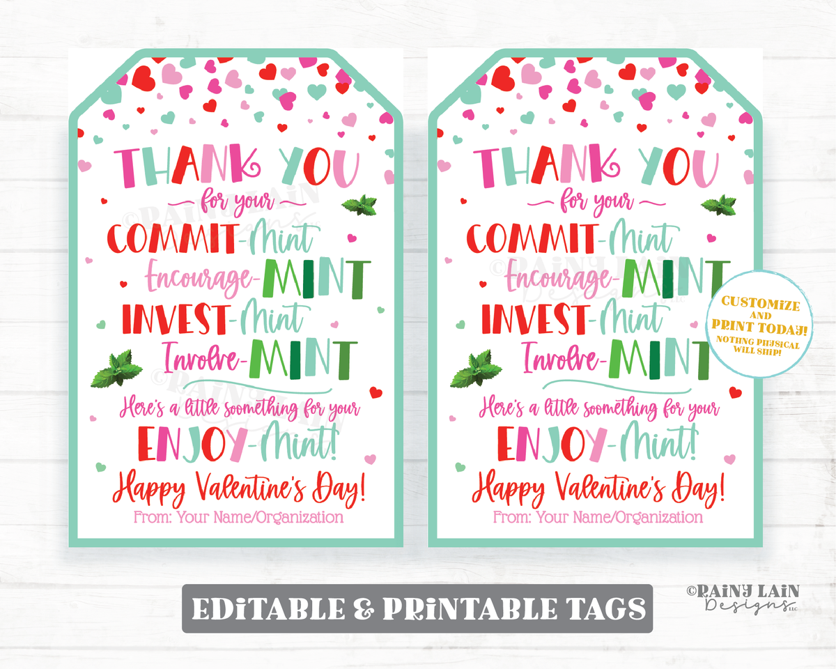 Mint Valentine Gift Tag Valentine's Day Mint Thank you Editable Employ ...