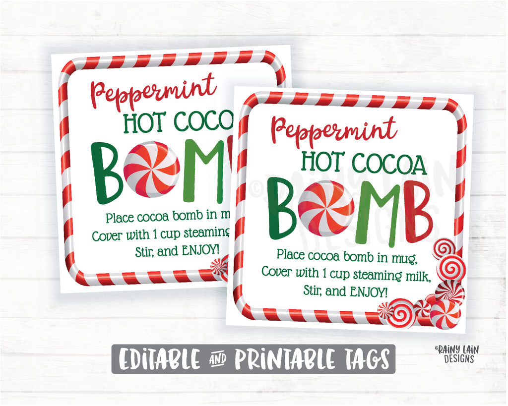 Editable Cocoa Bomb Tags, Peppermint Hot Chocolate Bomb Tags, Christma ...