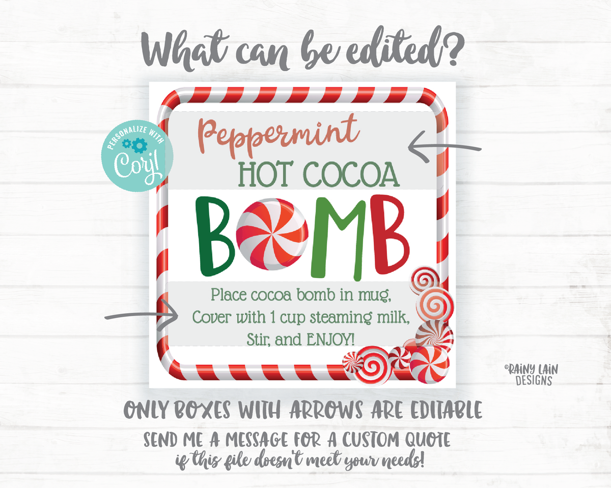 Editable Cocoa Bomb Tags, Peppermint Hot Chocolate Bomb Tags, Christma ...