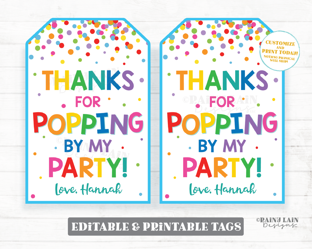 Thanks for Popping by my Party tag Birthday favor tag pop party favor ...