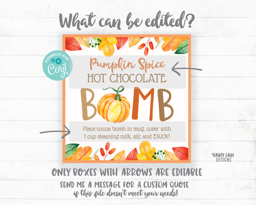 Pumpkin Hot Cocoa Bomb Tag, Editable Cocoa Bomb Tags, Pumpkin Spice Ho ...