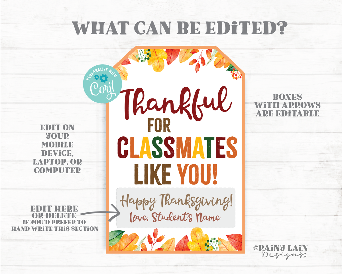 Thankful for Classmates Like You Tags, Thankful Tags, Pie Tags, Thanks ...