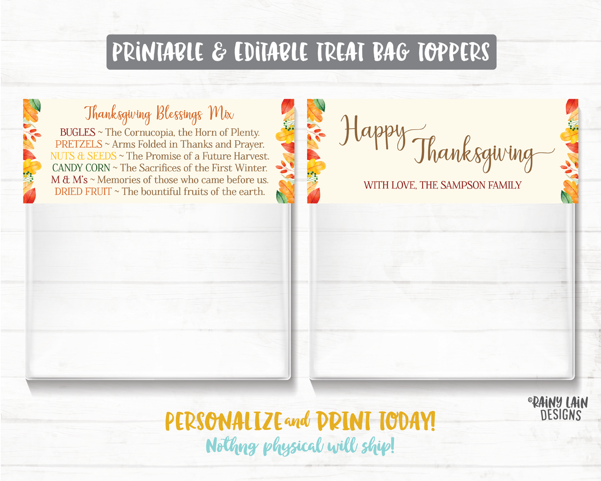 Thanksgiving Blessings Mix Tag, Blessings Bag Toppers, Treat bag toppe ...
