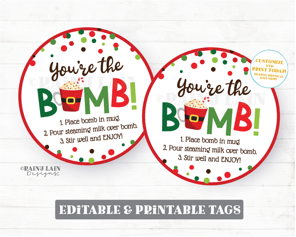 Christmas Hot Cocoa Bomb Tag, Peppermint Hot Chocolate Bomb Tags, Edit ...